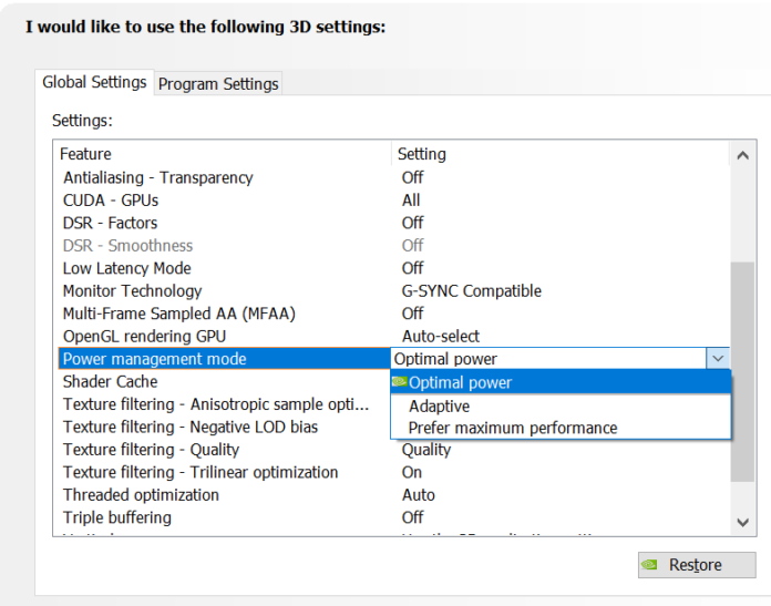 NVIDIA GeForce Driver Power Mode Settings Compared