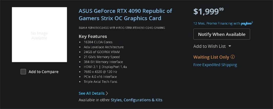 ASUS ROG Strix GeForce RTX 4090 Gets Listed for $1,999.99